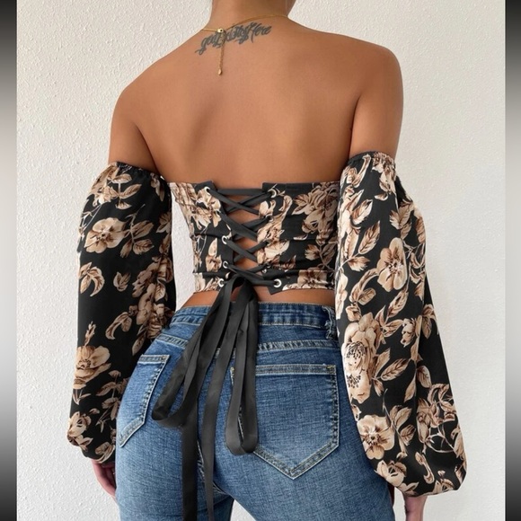 Tops | Boho Green Floral Print Lace Up Back Satin Bustier Corset Tube ...